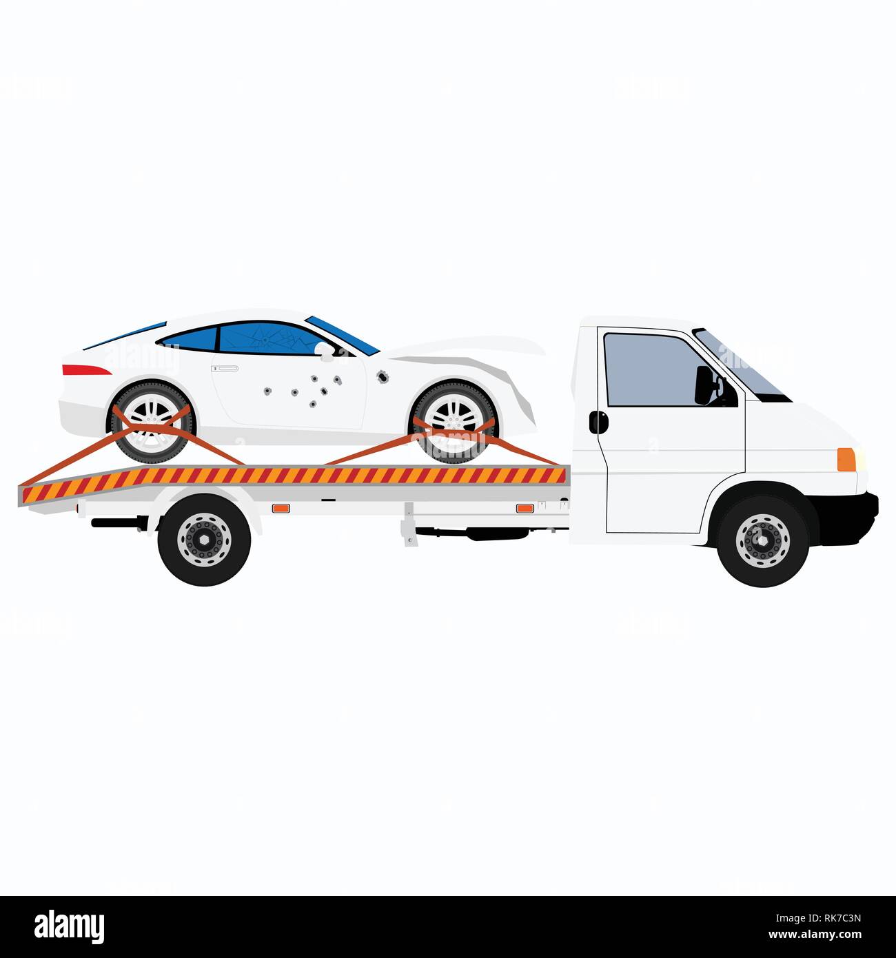 Tow truck delivers the damaged vehicle car. Vector illustration ...