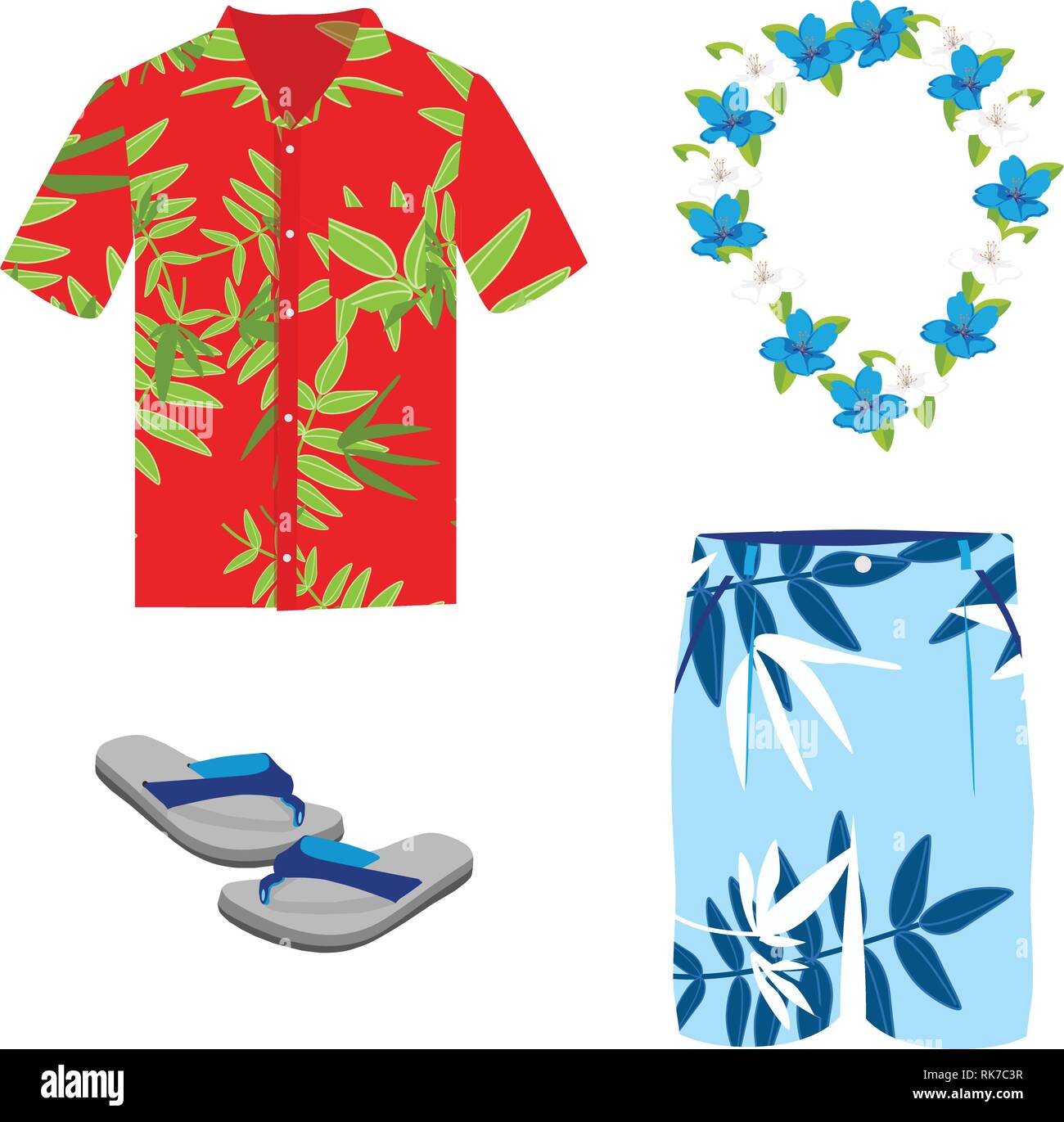 Hawaiian shirt, beach summer shorts, flower necklace and flip flops ...