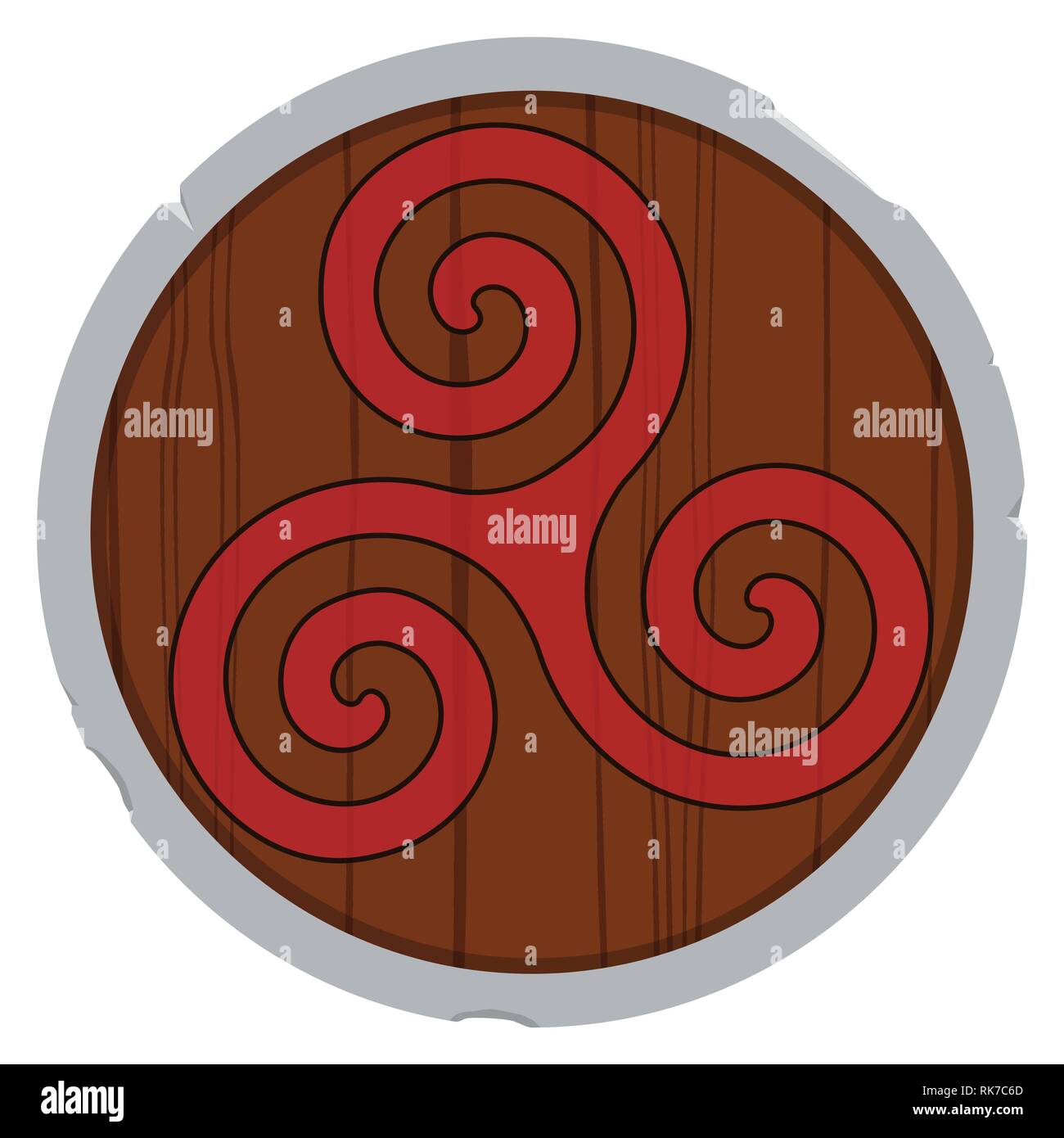 Vector illustration wooden viking shield with triskelion symbol ...