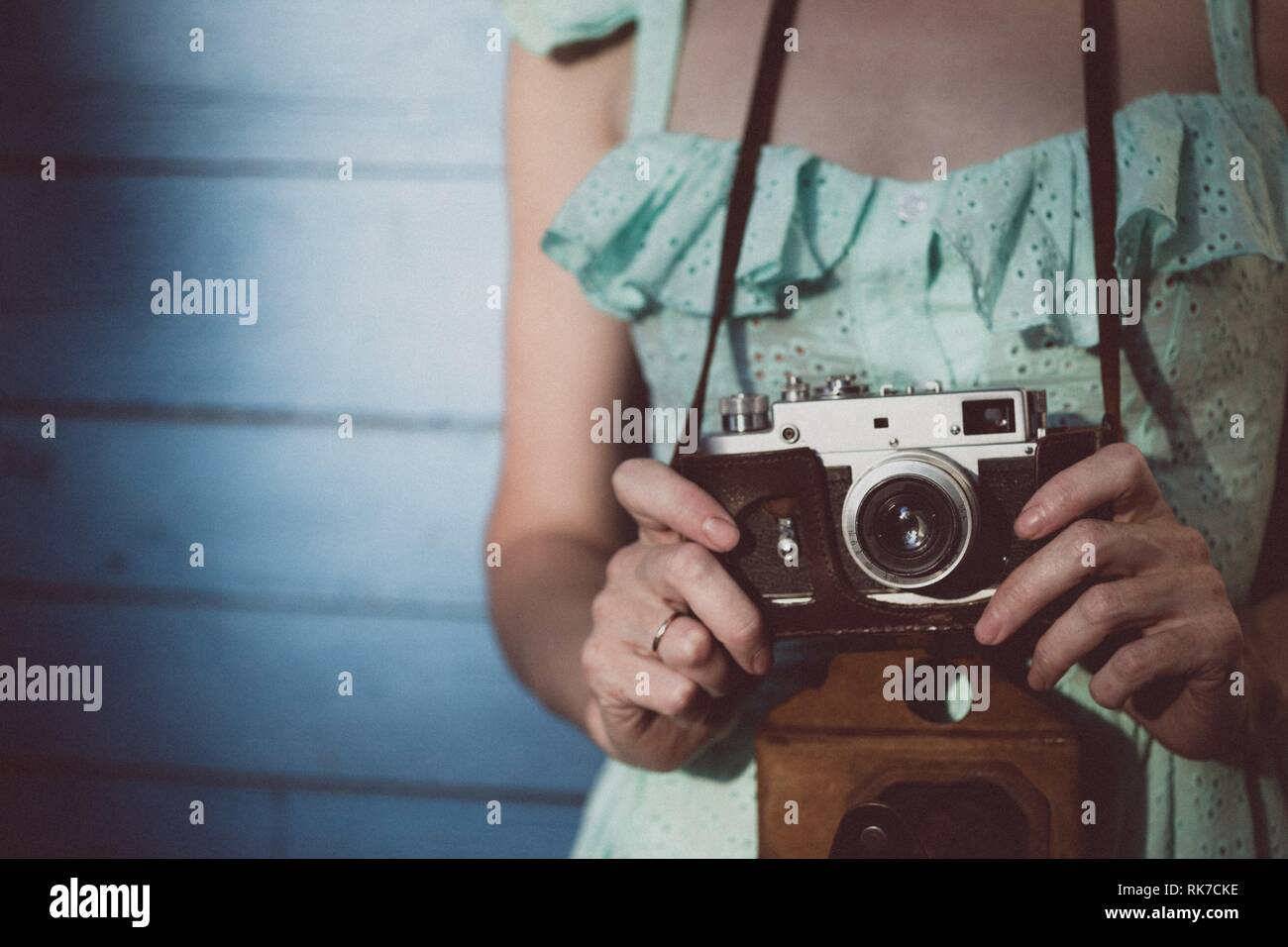 Girl with retro camera. Vintage Stock Photo - Alamy