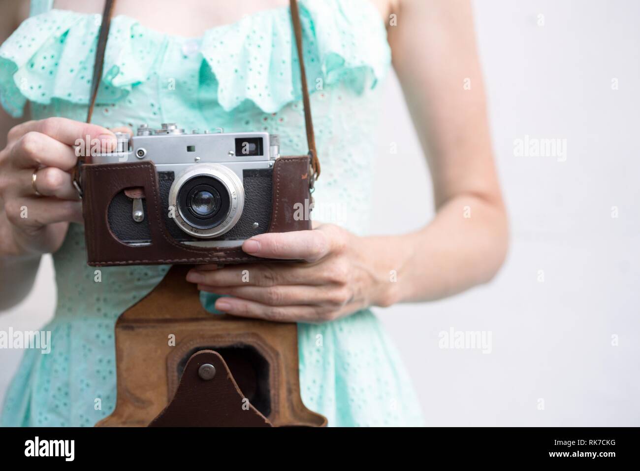 Girl with retro camera. Vintage Stock Photo - Alamy