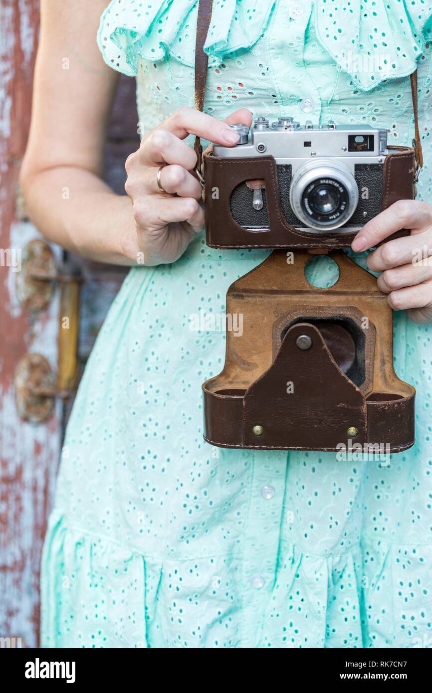 Girl with retro camera. Vintage Stock Photo - Alamy