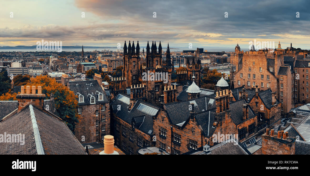 Edinburgh city rooftop view with historical architectures. United ...