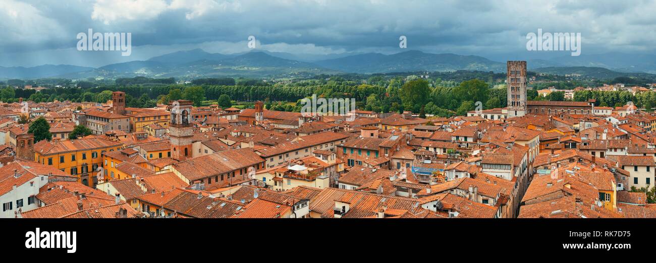 Lucca skyline with tower and cathedral panorama in Italy Stock Photo ...