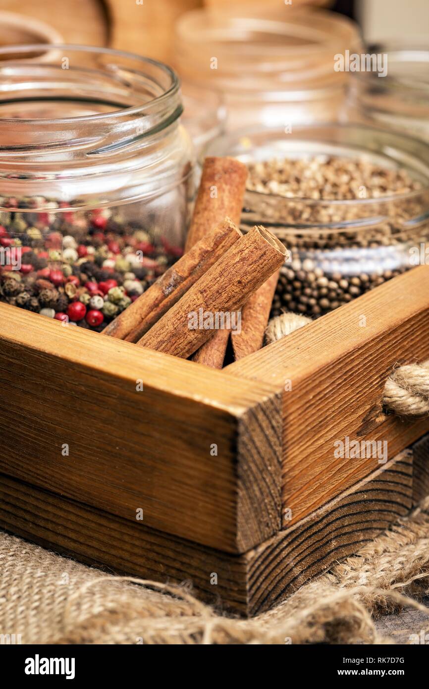 herbs and spices. cinnamon, pepper mix and coriander at the spice ...