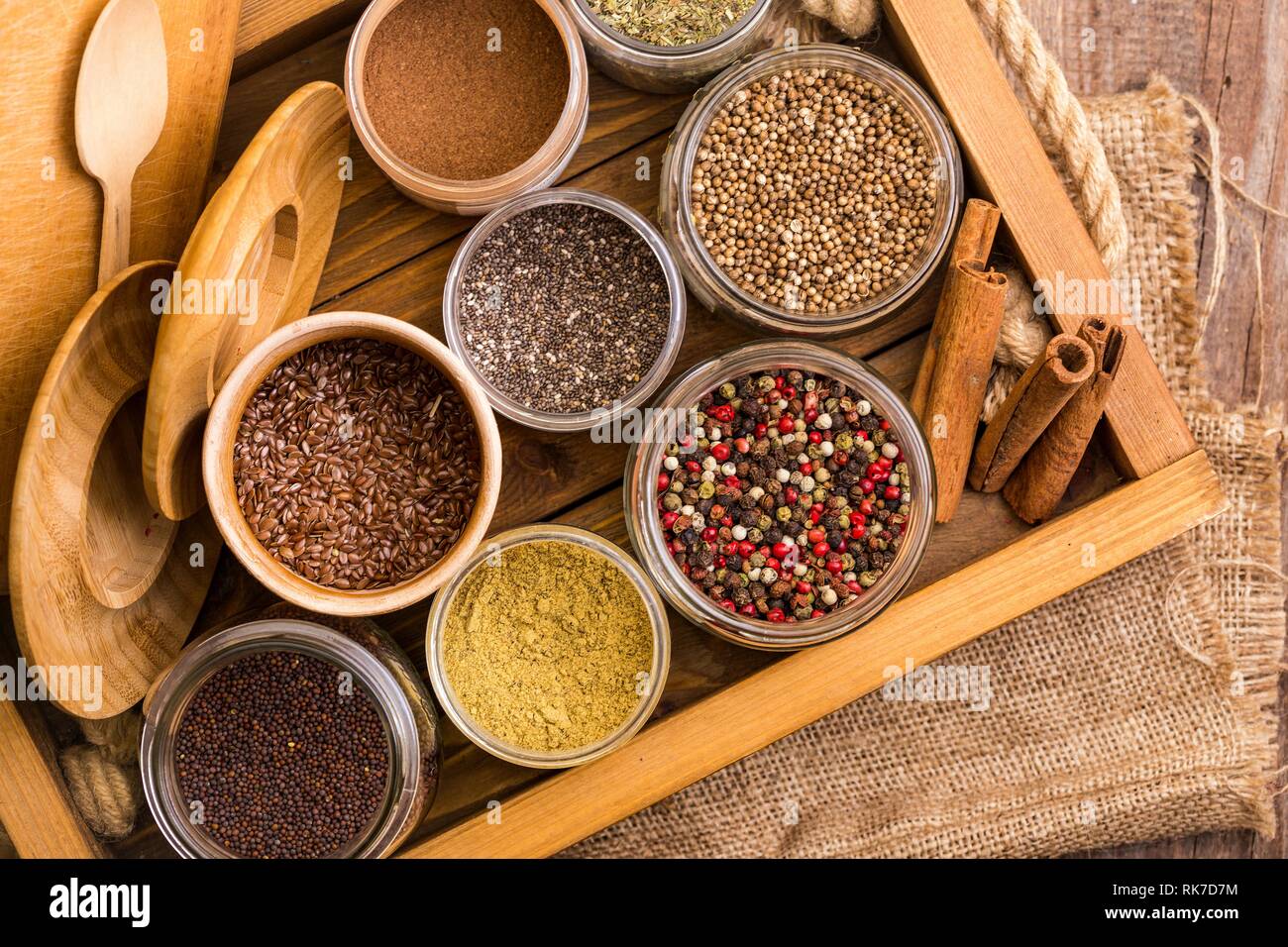 herbs and spices. cinnamon, pepper mix, flax seeds, chia and coriander ...