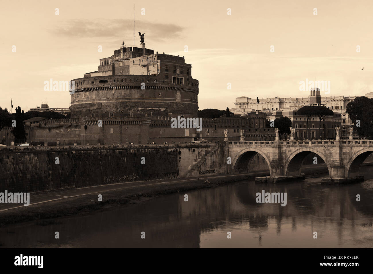 Castel Sant Angelo And Bridge Over River Tiber In Rome Italy In Black