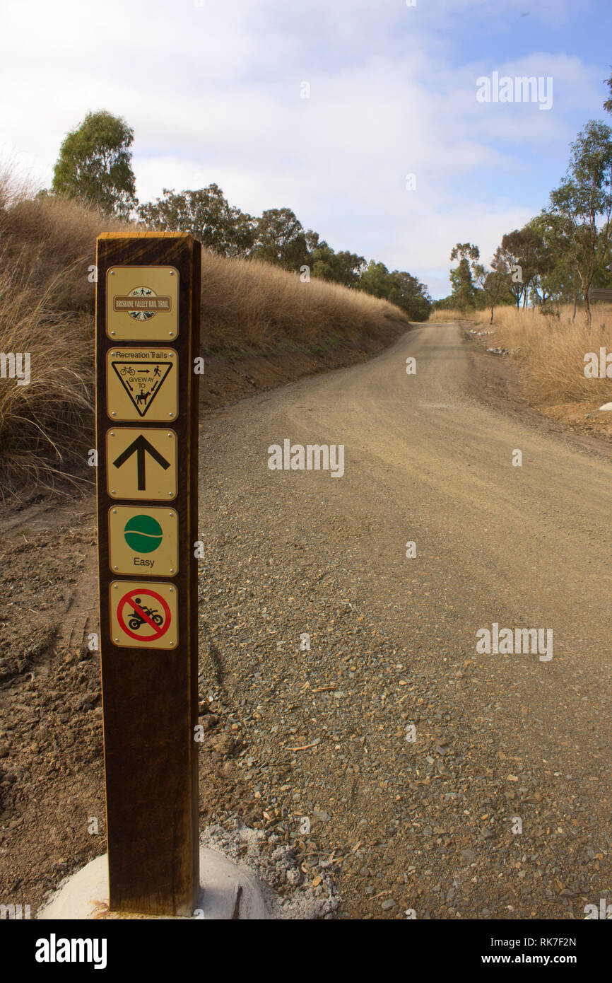 Signage for the Brisbane Valley Rail Trail directs cyclists and walkers ...