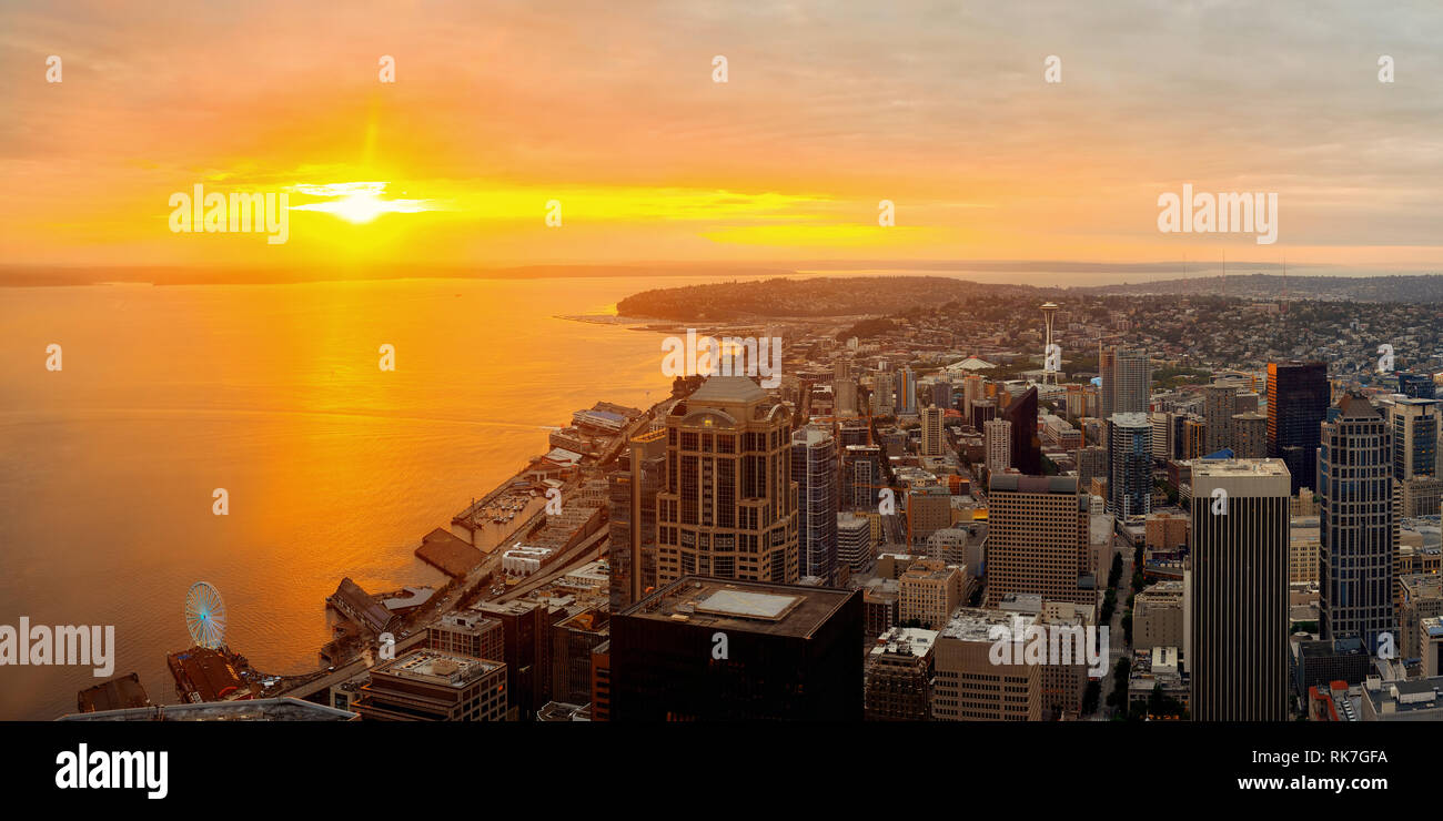 Seattle rooftop panorama view with urban architecture at sunset Stock ...