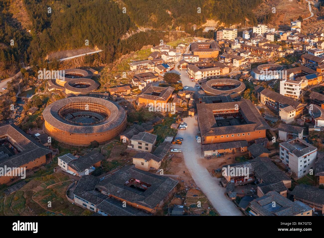 Aerial view of Tulou, the unique dwellings of Hakka in Fujian, China ...