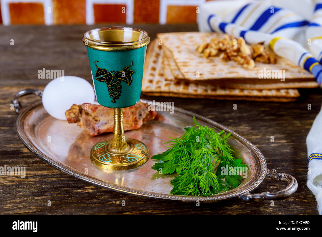 Table ready for traditional seder plate ritual the Jewish holiday of ...