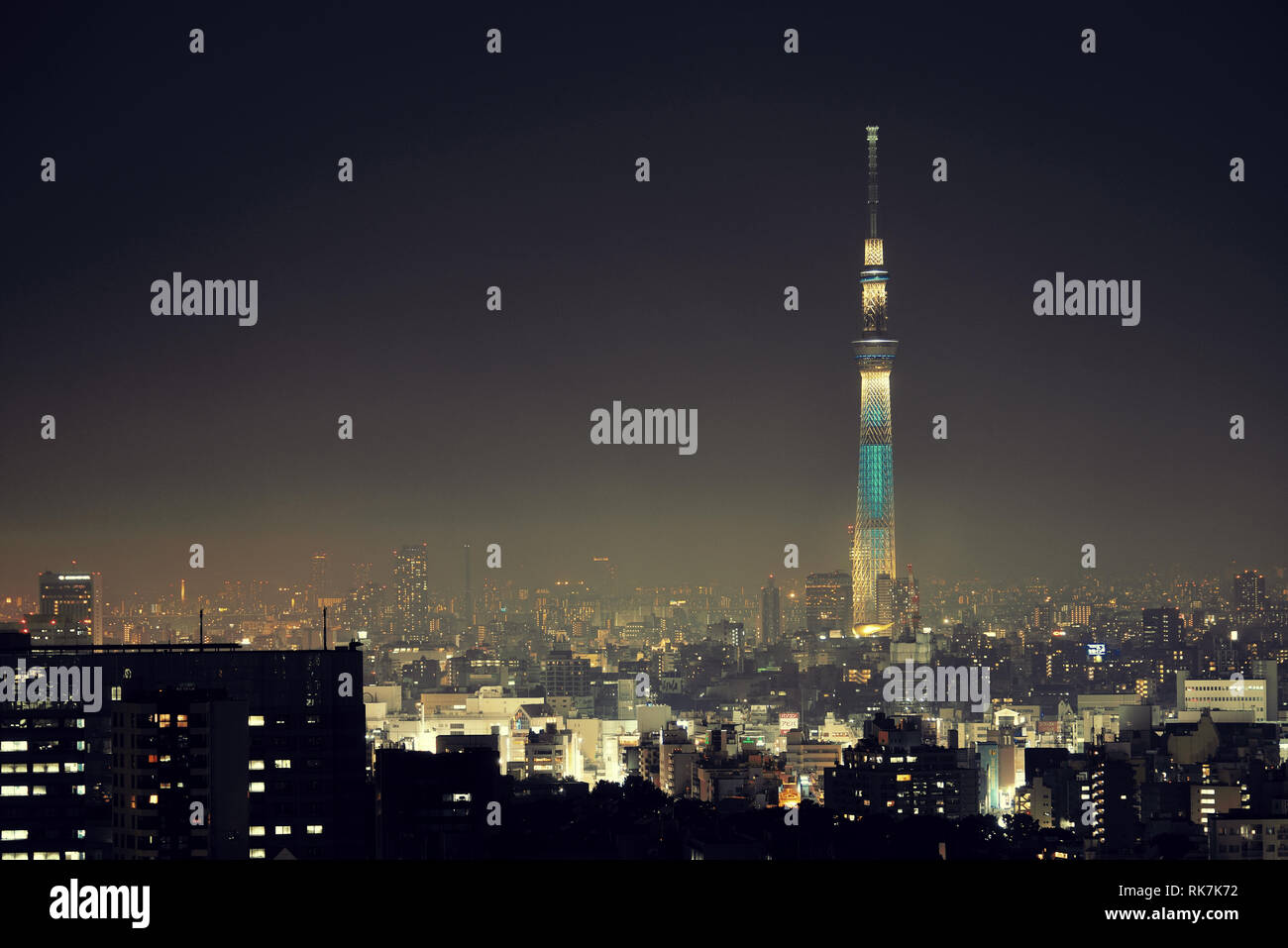 Tokyo Skytree and urban skyline rooftop view at night, Japan Stock ...