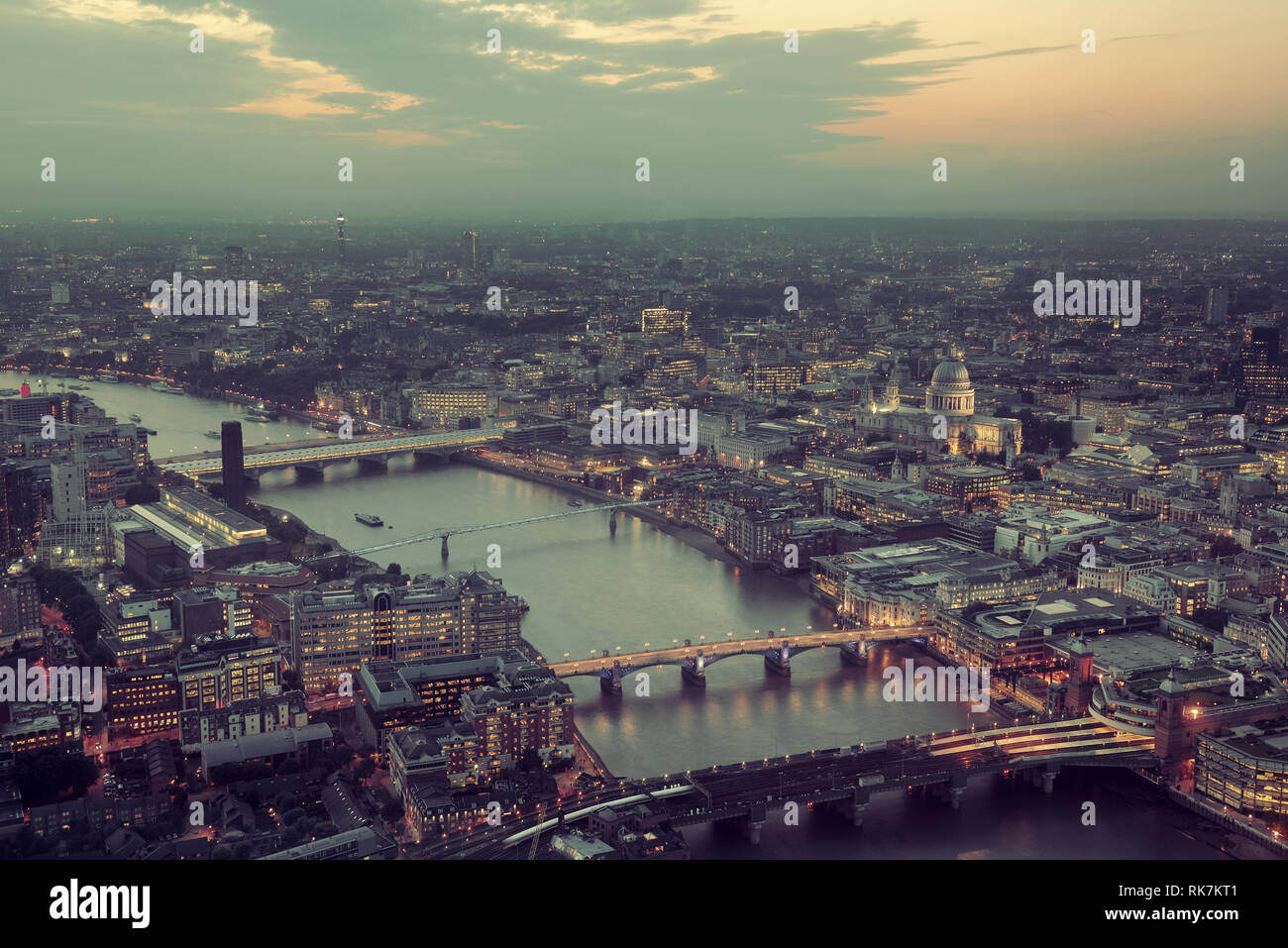 London rooftop view panorama at sunset with urban architectures and ...