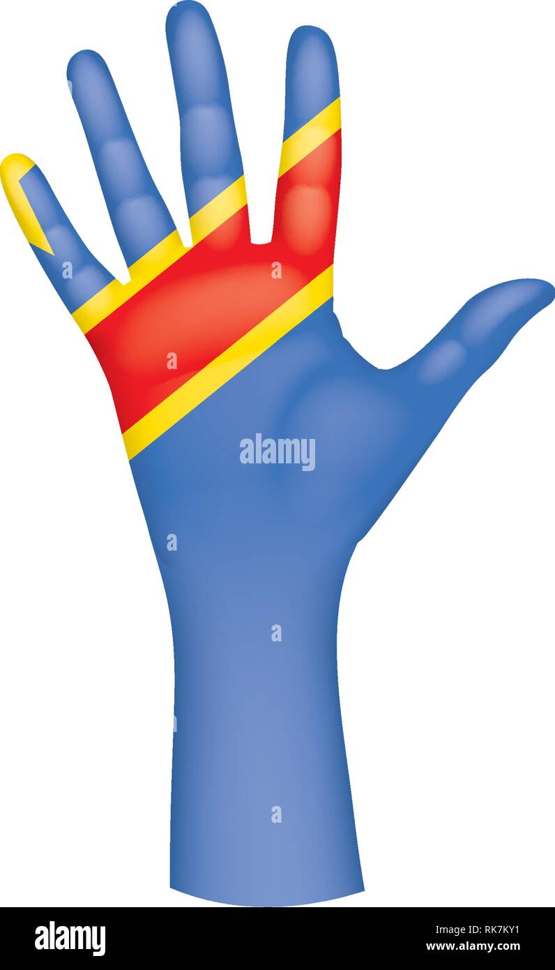 Democratic Republic of the Congo flag and hand on white background ...