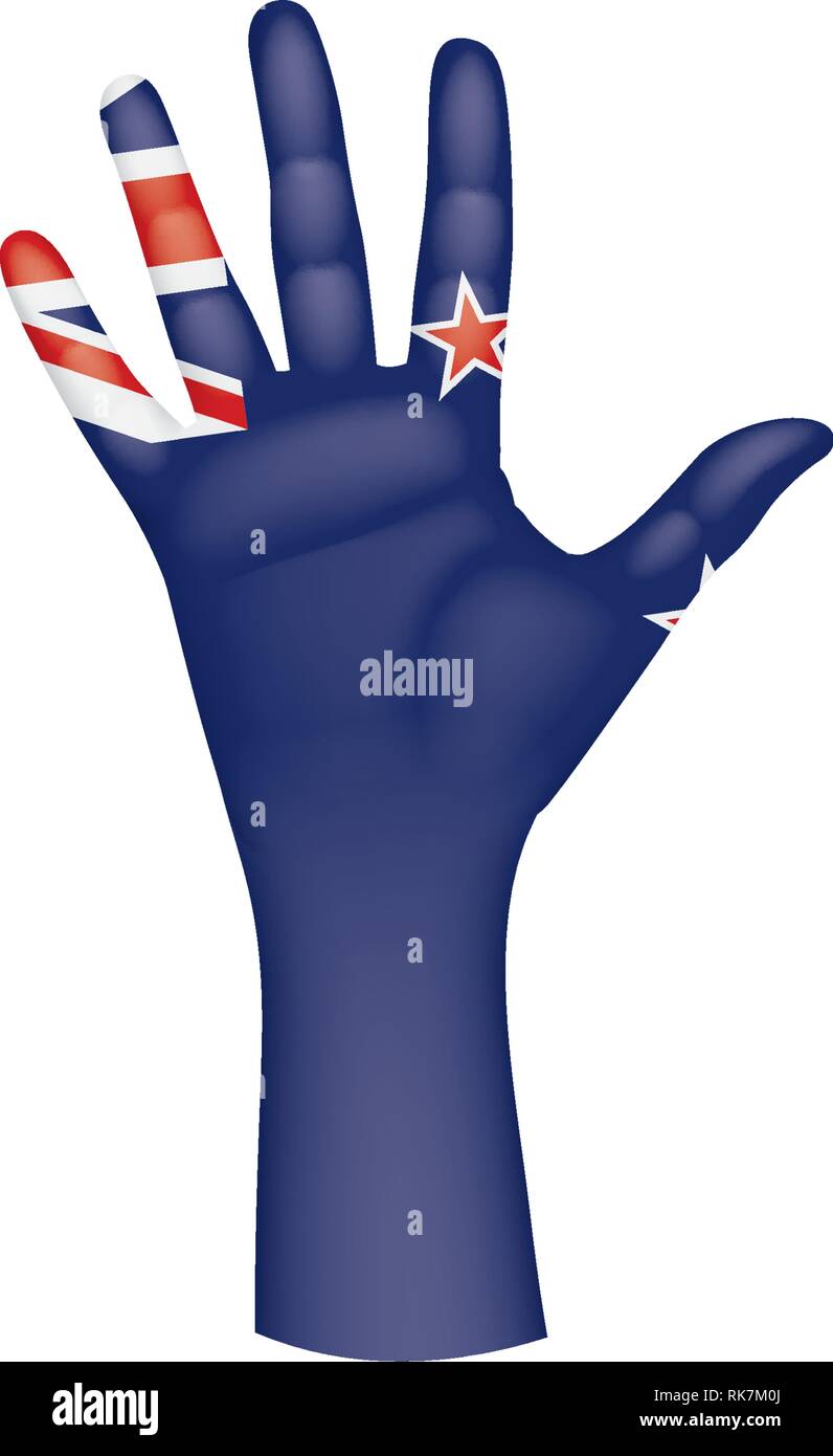 New Zealand flag and hand on white background. Vector illustration ...