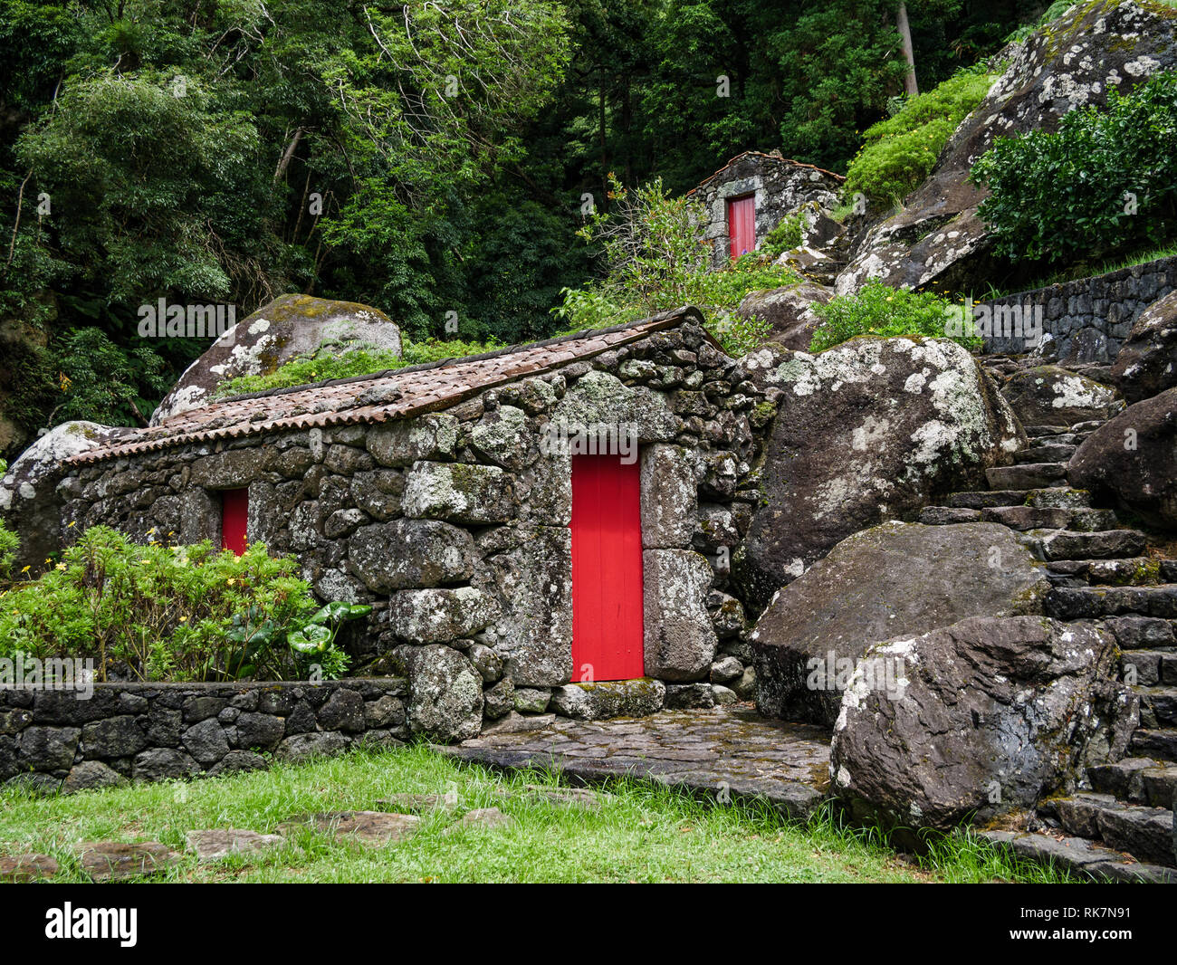 Image of old stone houses based on a hill landscape on the Azores Stock ...