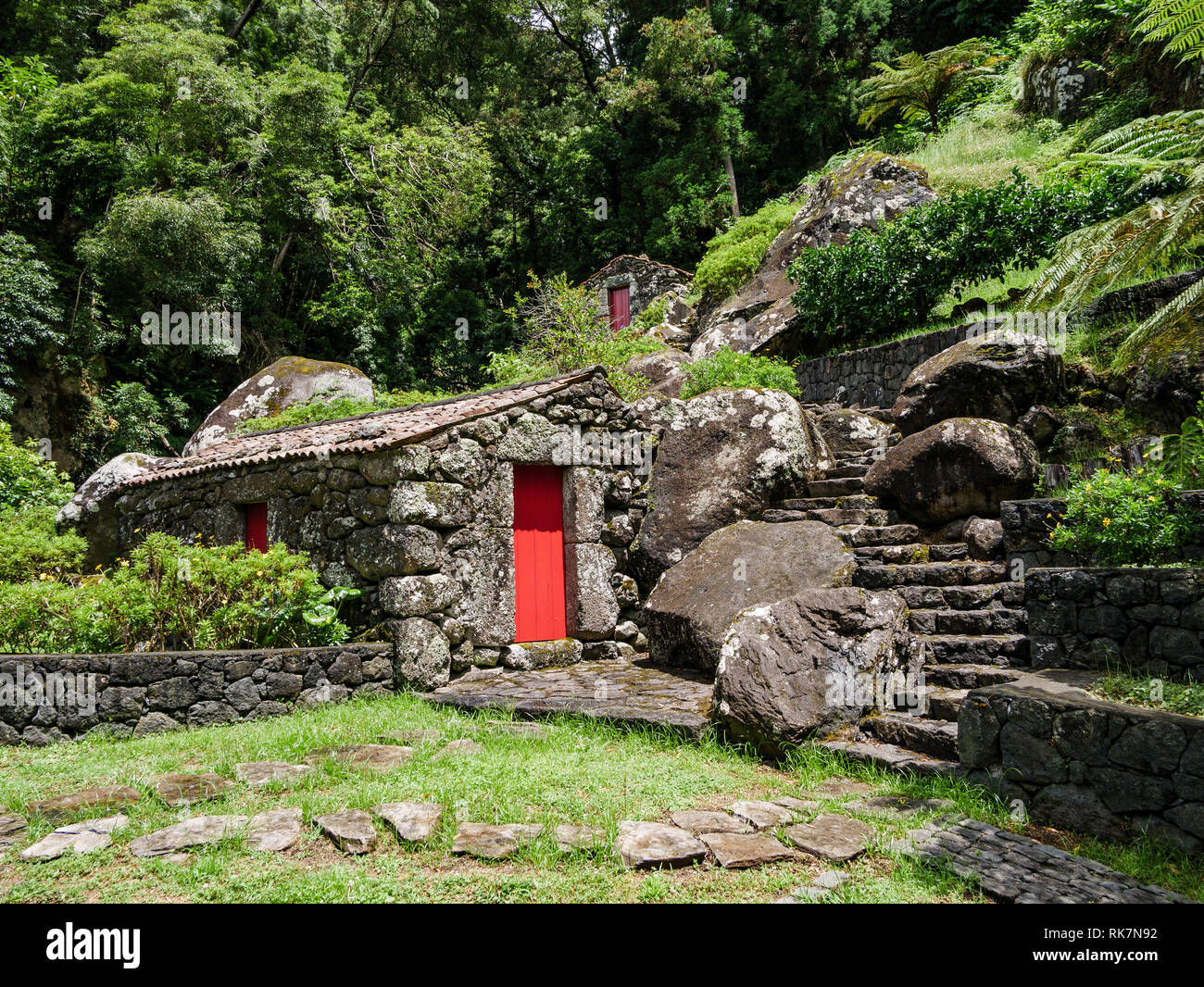 Image of old stone houses based on a hill landscape on the Azores Stock ...