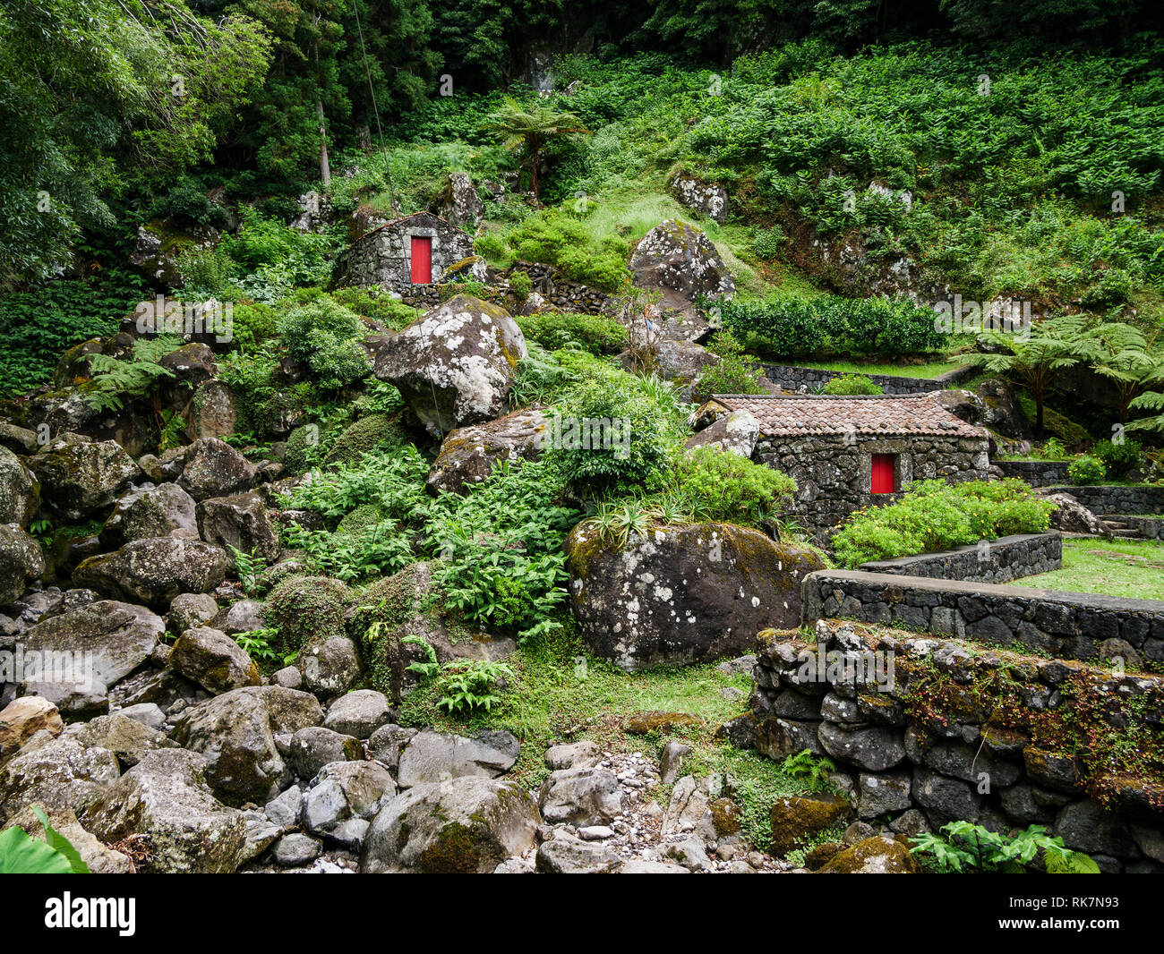 Image of old stone houses based on a hill landscape on the Azores Stock ...