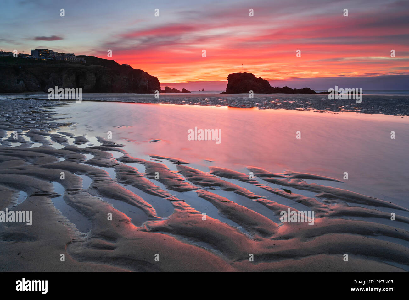 Chapel Rock on Perranporth Beach in Cornwall captured at sunset Stock ...