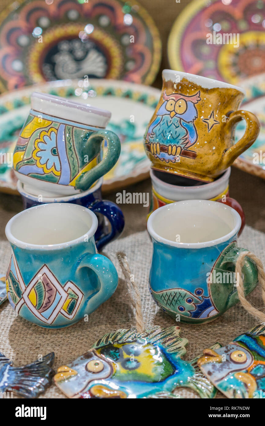 Variety of Colorfully Painted Ceramic Pots in an Outdoor Shopping ...