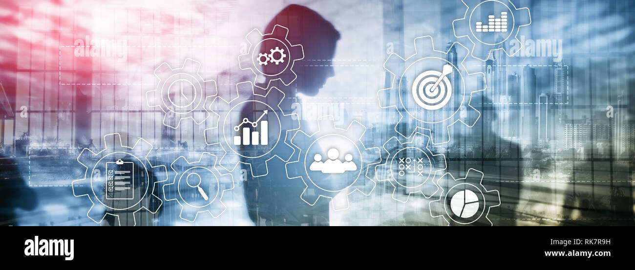 Business process automation concept. Gears and icons on abstract ...