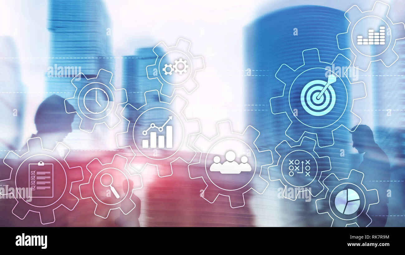 Business process automation concept. Gears and icons on abstract ...