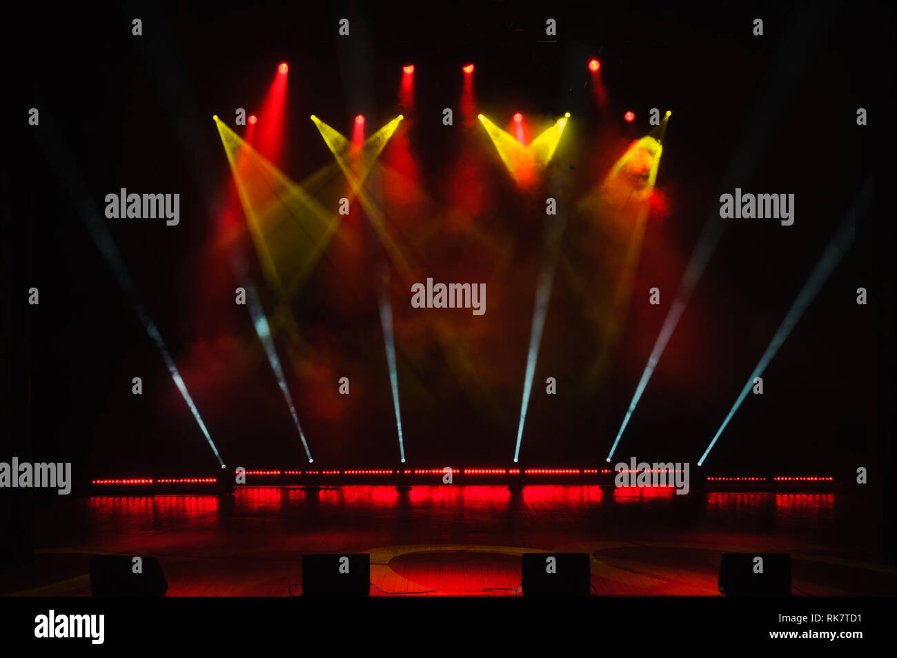 Free stage with lights, lighting devices. Night show Stock Photo - Alamy