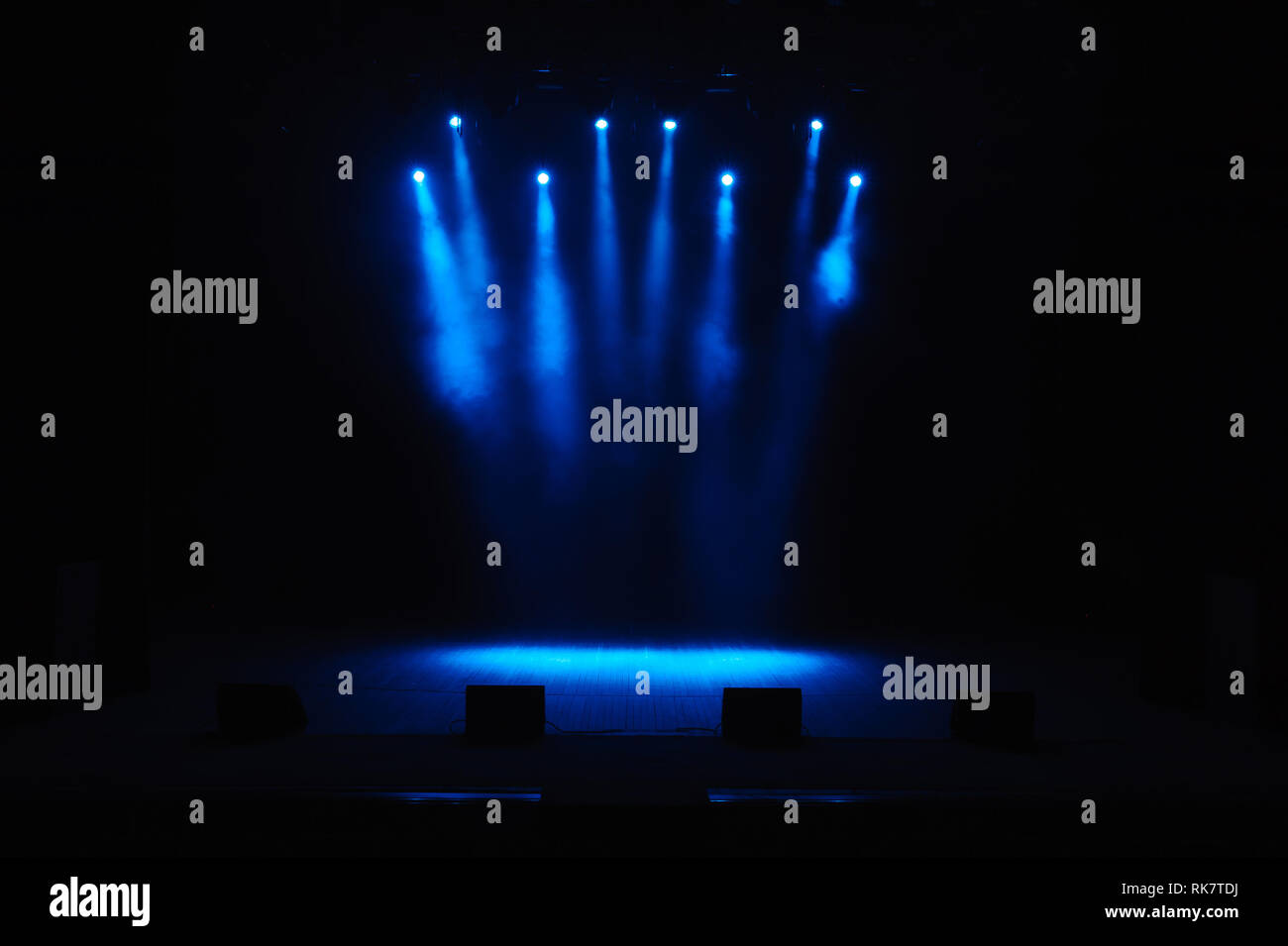 Free stage with lights, lighting devices. Night show Stock Photo - Alamy