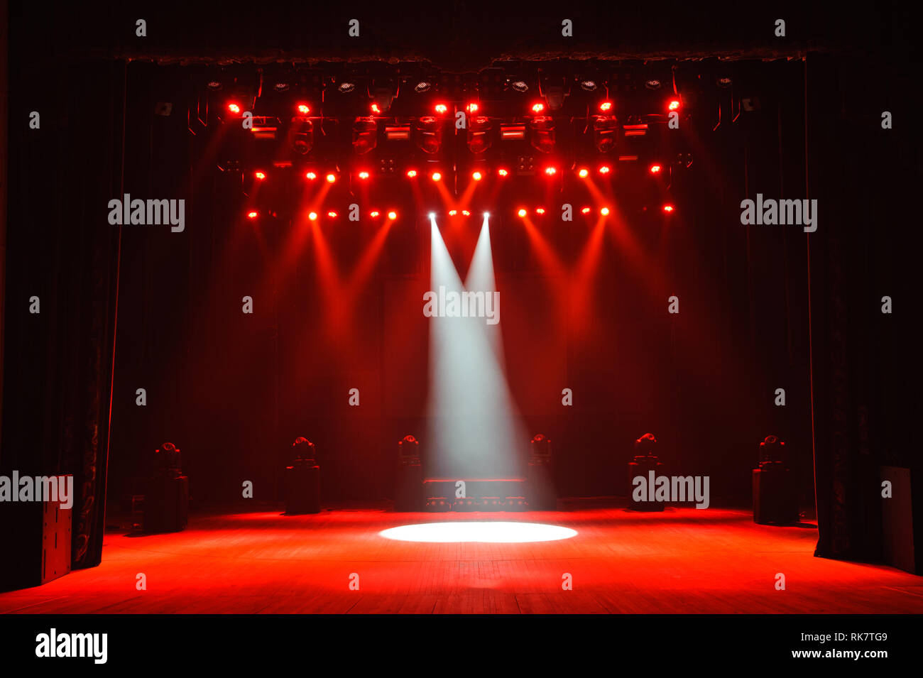 Free stage with lights, lighting devices. Night show Stock Photo - Alamy