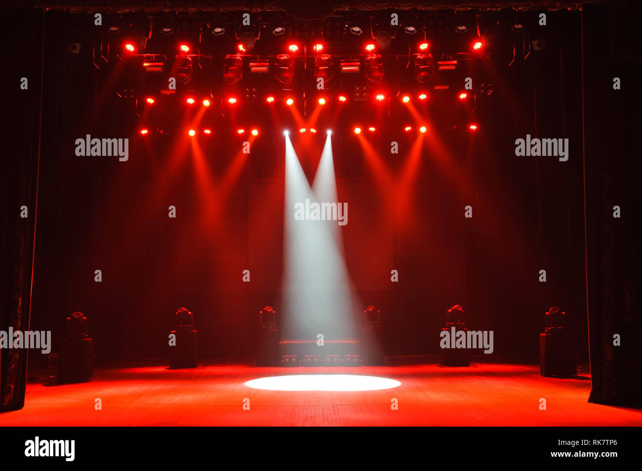 Free stage with lights, lighting devices. Night show Stock Photo - Alamy