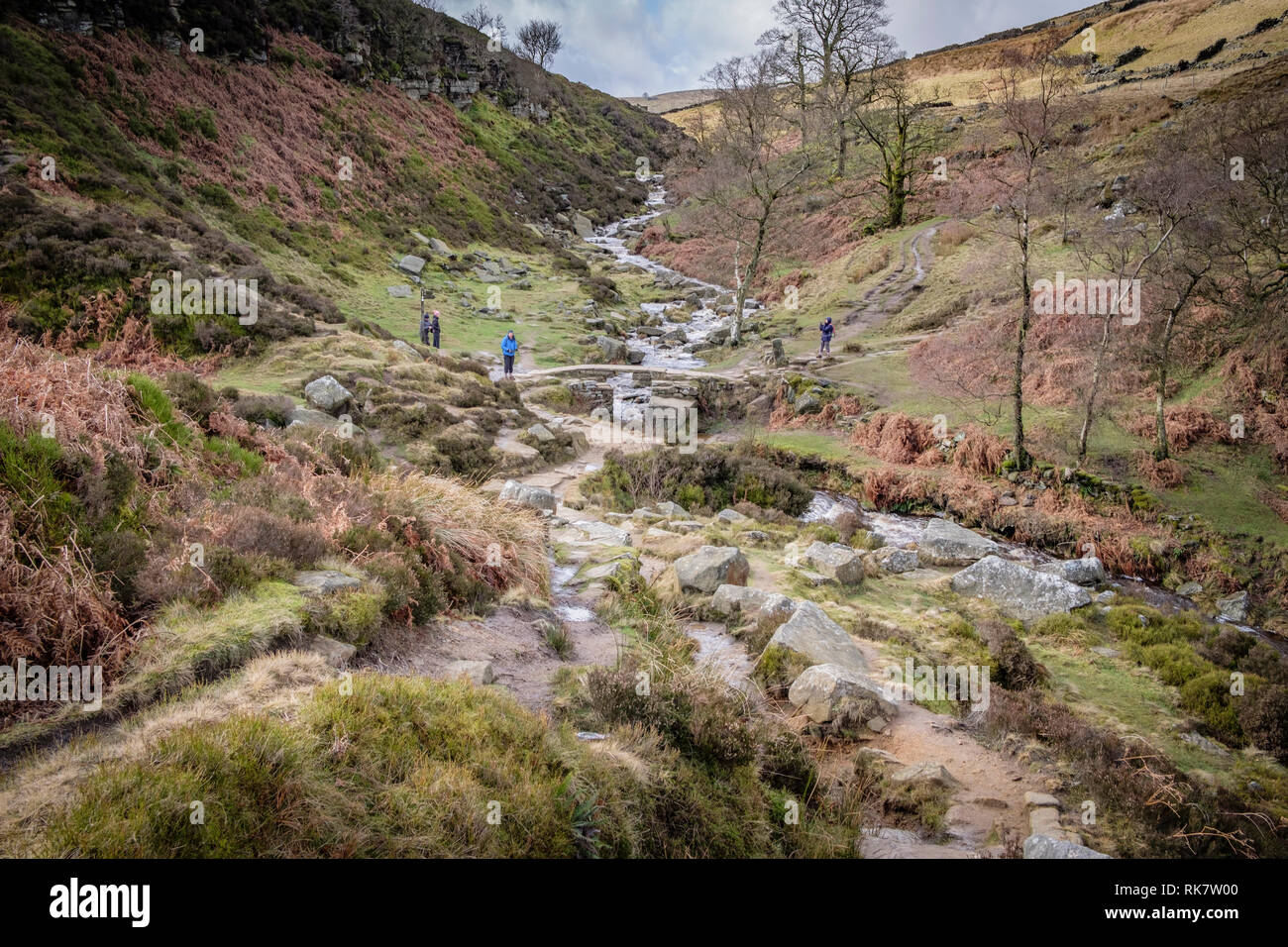 Tourists and Walkers at Bronte Bridge on The Bronte way on Haworth Moor ...