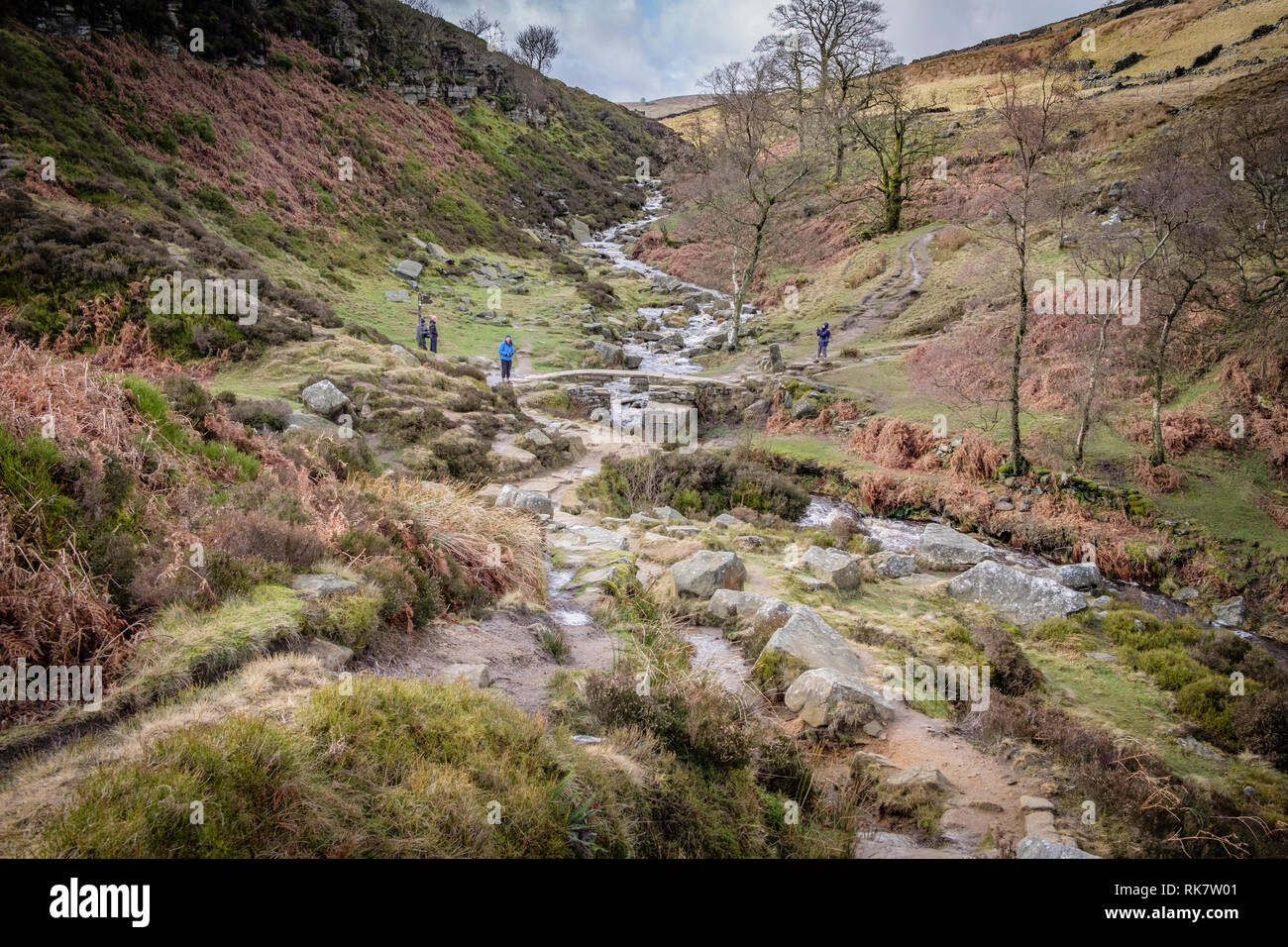 Tourists and Walkers at Bronte Bridge on The Bronte way on Haworth Moor ...