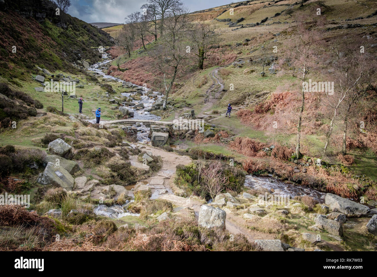 Tourists and Walkers at Bronte Bridge on The Bronte way on Haworth Moor ...