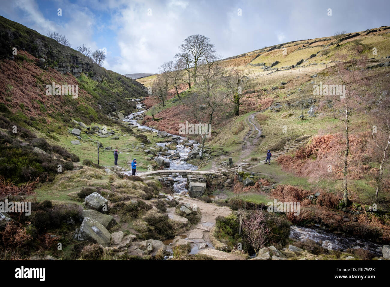 Tourists and Walkers at Bronte Bridge on The Bronte way on Haworth Moor ...