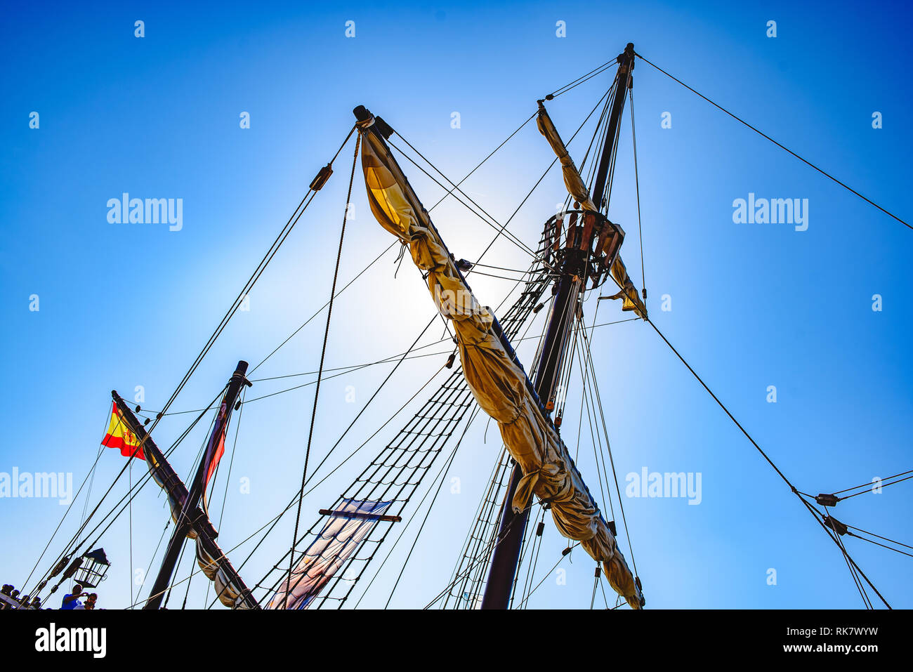 Sails and ropes of the main mast of a caravel ship, Santa María ...
