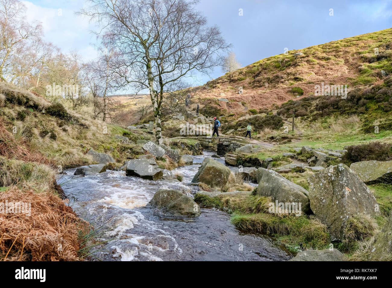 Tourists and Walkers at Bronte Bridge on The Bronte way on Haworth Moor ...