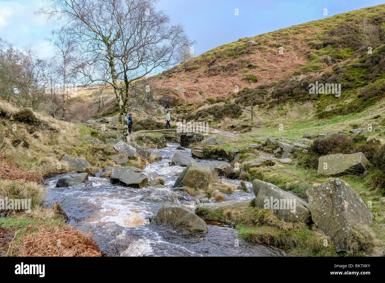 Tourists and Walkers at Bronte Bridge on The Bronte way on Haworth Moor ...