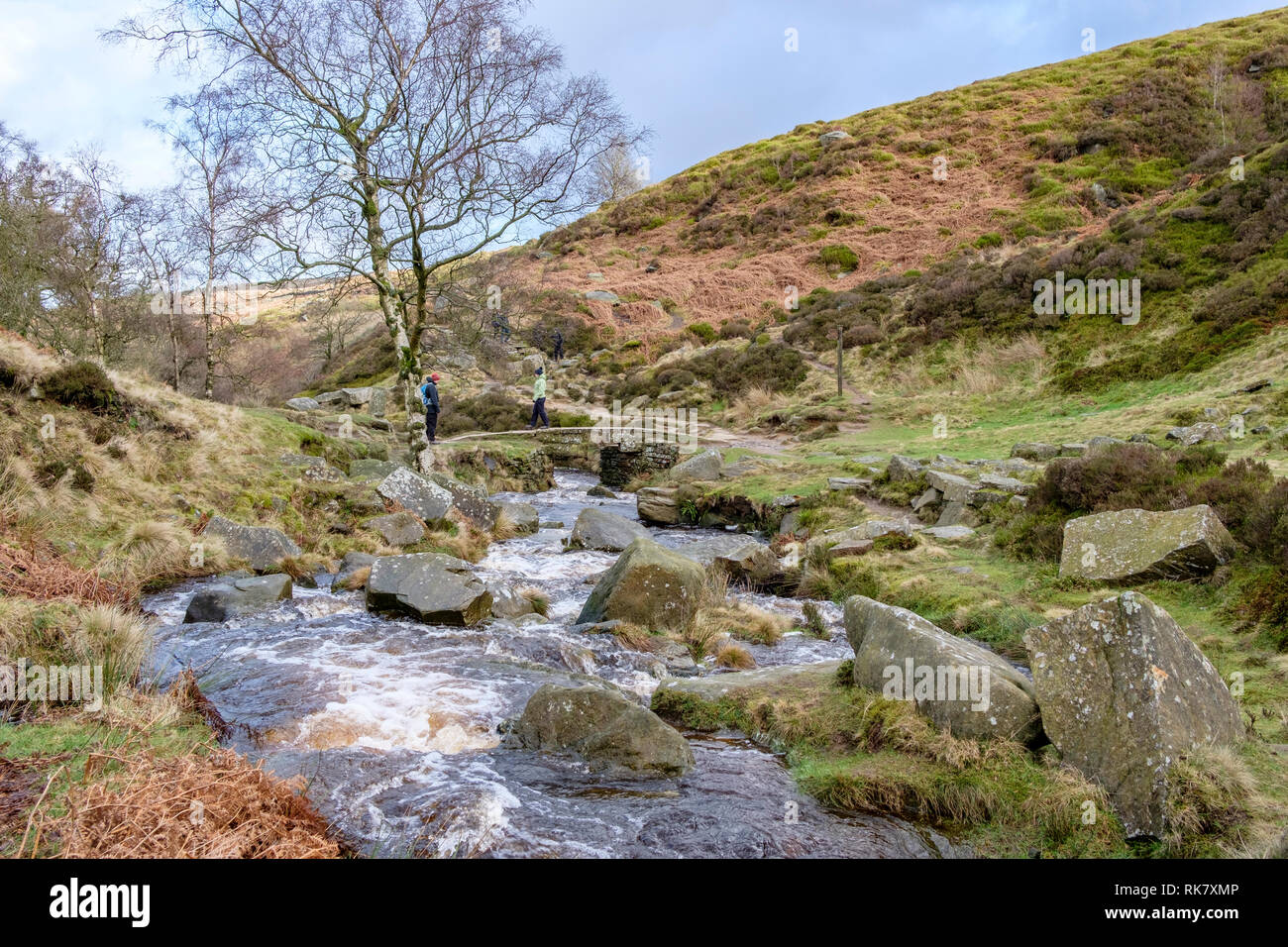Tourists and Walkers at Bronte Bridge on The Bronte way on Haworth Moor ...