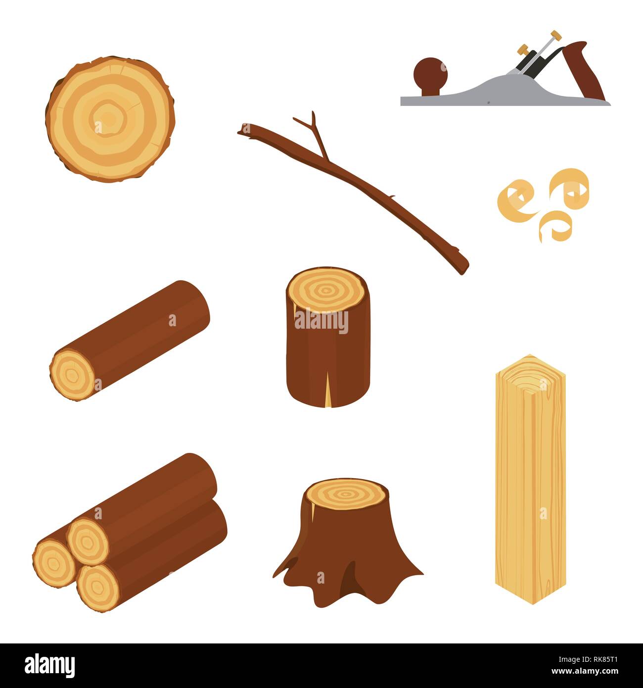 Materials for wood industry. Tree lumber, trunk. Vector pictures set in ...