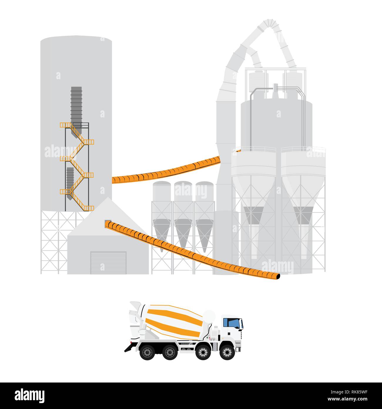 Vector illustration. Concrete cement truck and cement, mortar, concrete ...