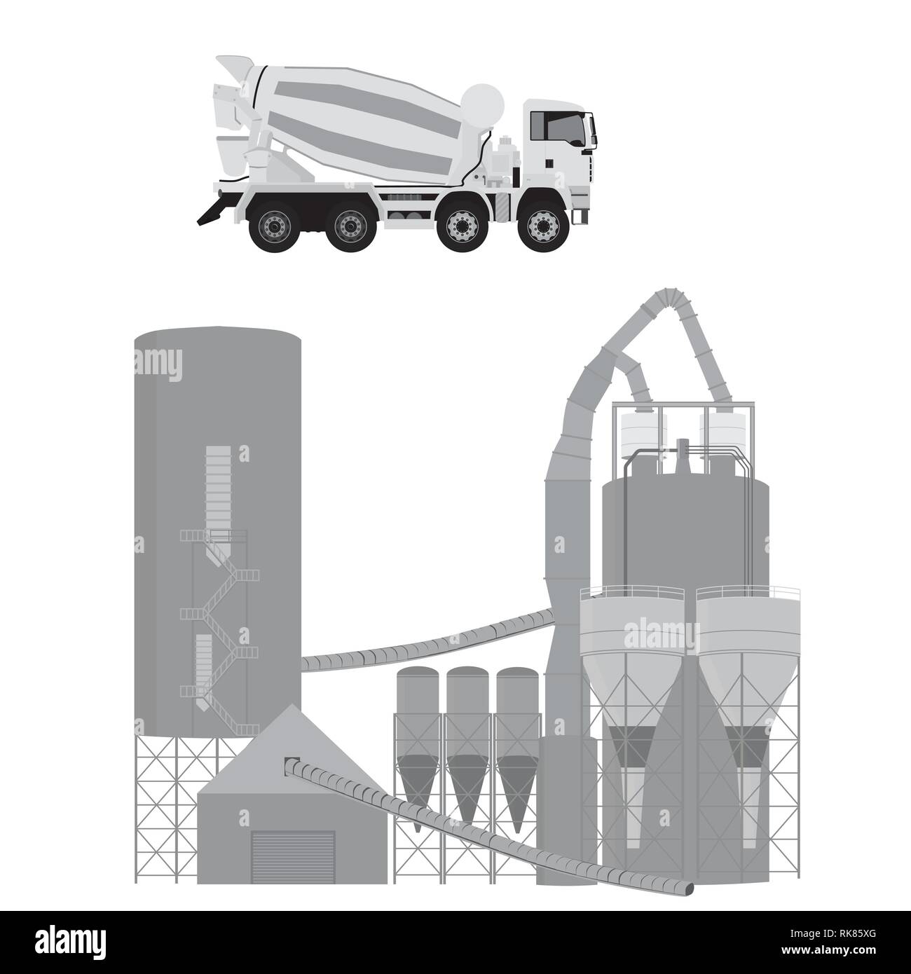Vector illustration. Concrete cement truck and cement, mortar, concrete ...