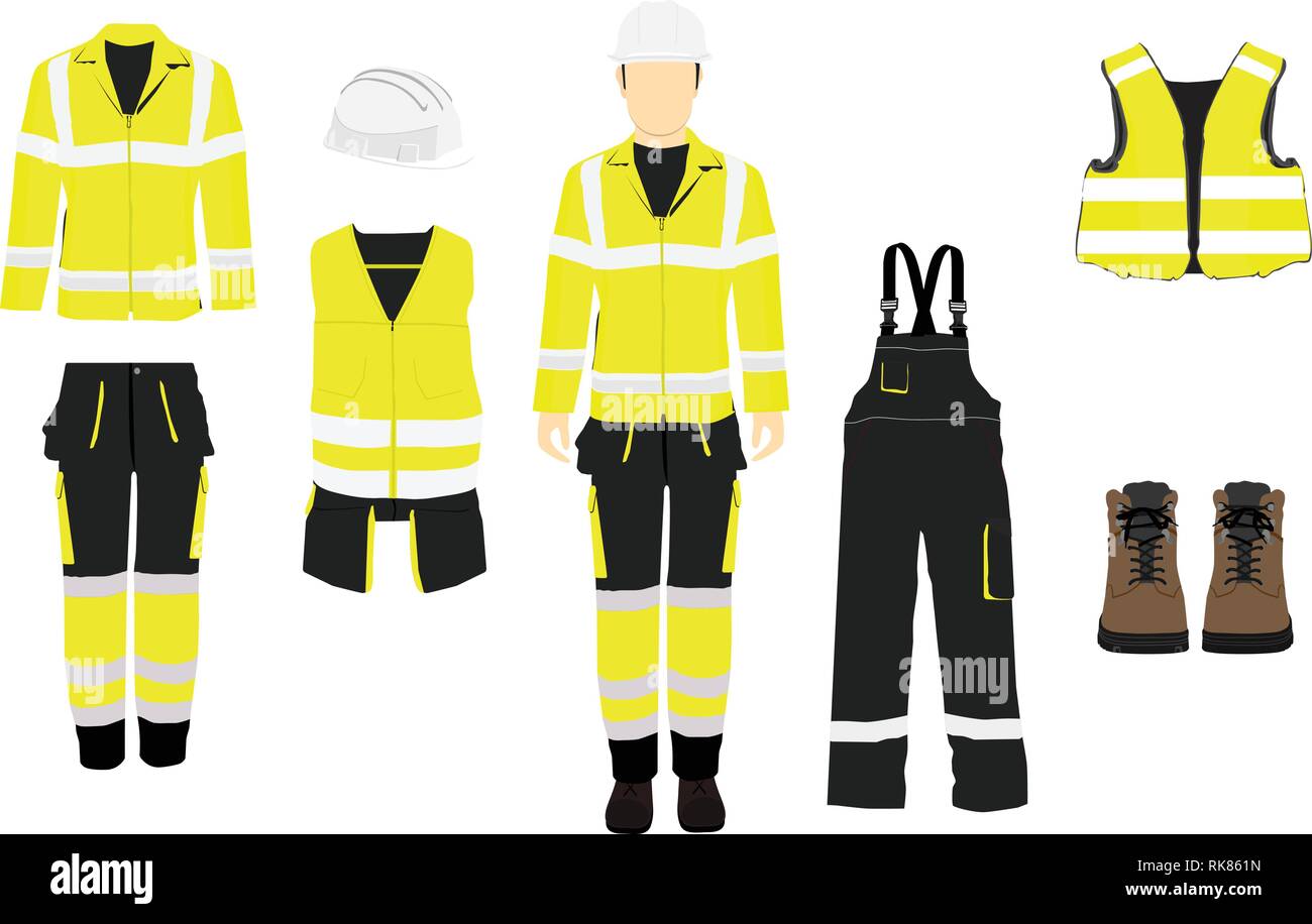 Man worker in uniform. Professional protective clothes, boots and ...