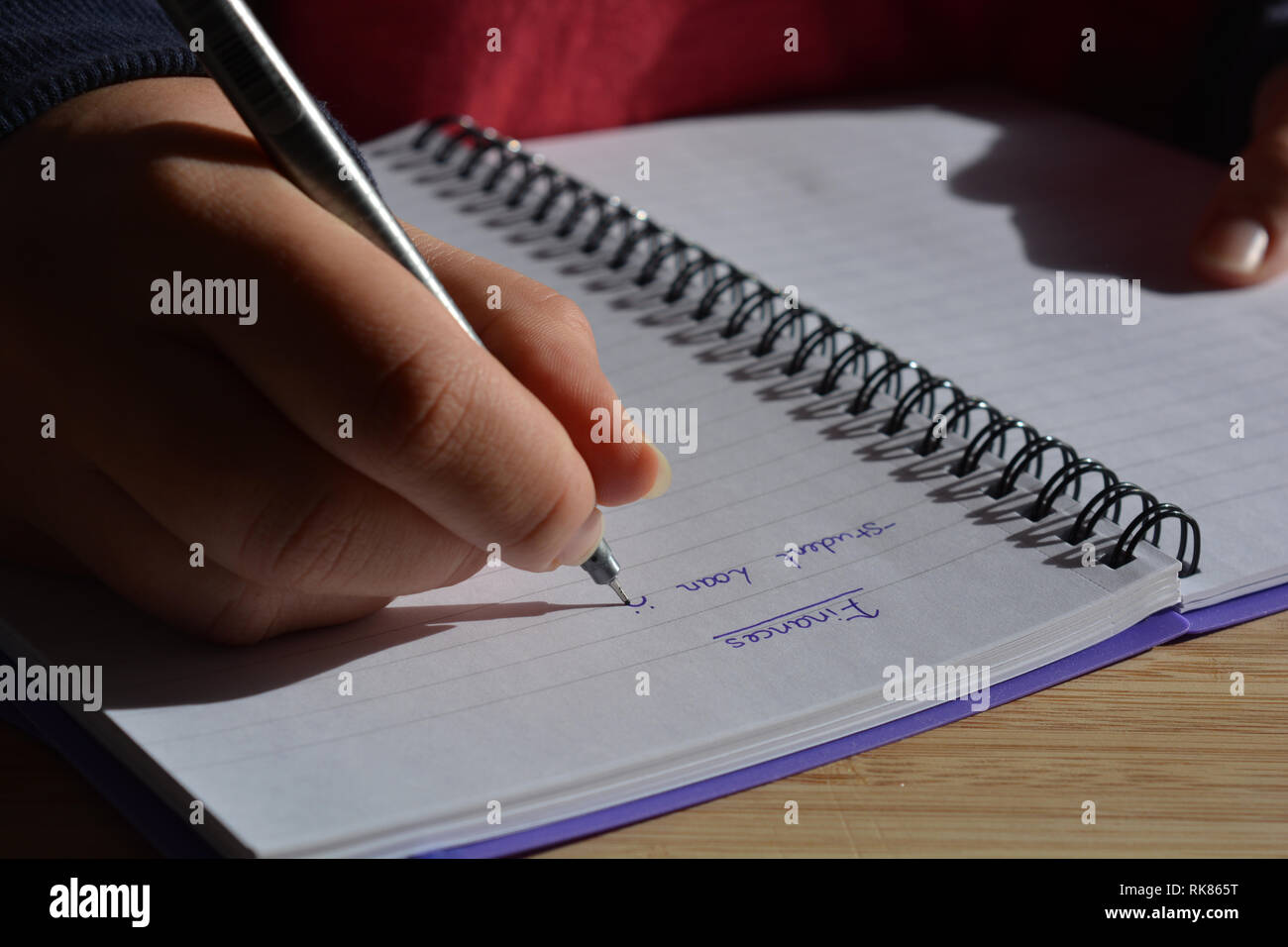Millennial woman writing in a spiral bound notebook, pen in hand. A ...