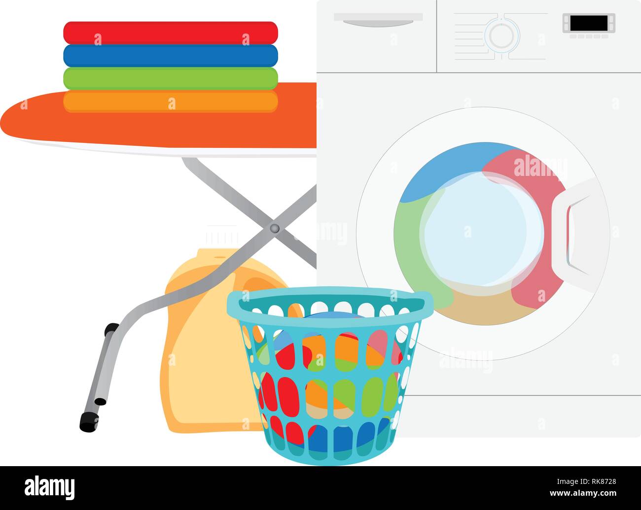 Laundry in washing machine and basket indoors. Vector illustration ...