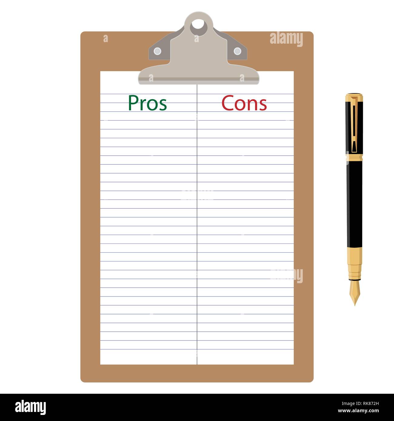 Pros cons concept. Pros Cons list paper on clipboard with pen. Vector ...