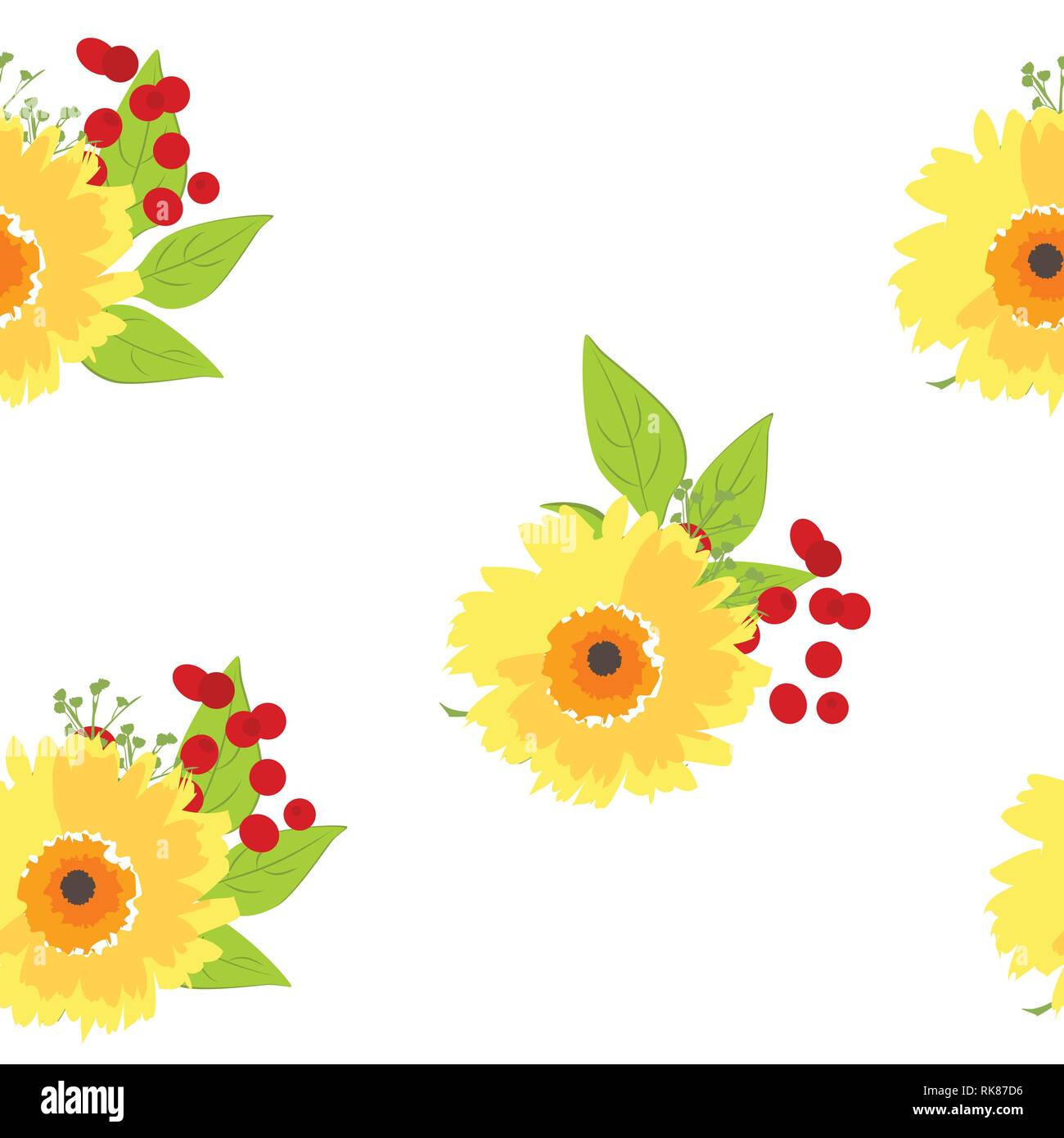 Seamless repeat pattern with yellow spring flowers, berries and leaves ...