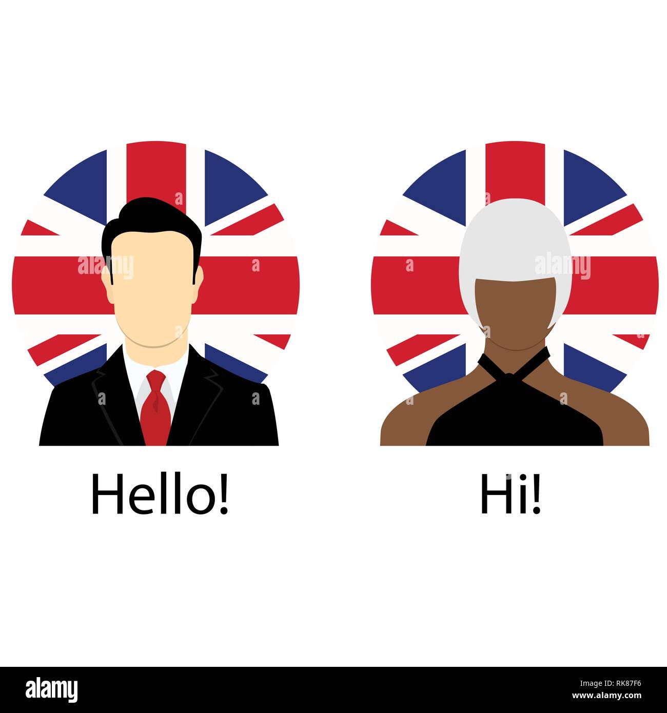 English Language Speech Hello Concept. Hello. United Kingdom flag woman ...
