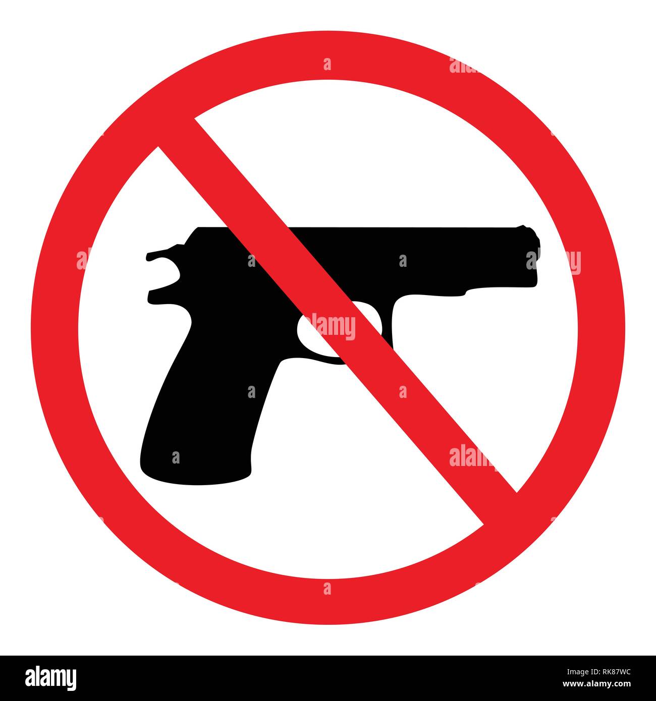 Red prohibition no gun round sign, symbol isolated on white background ...