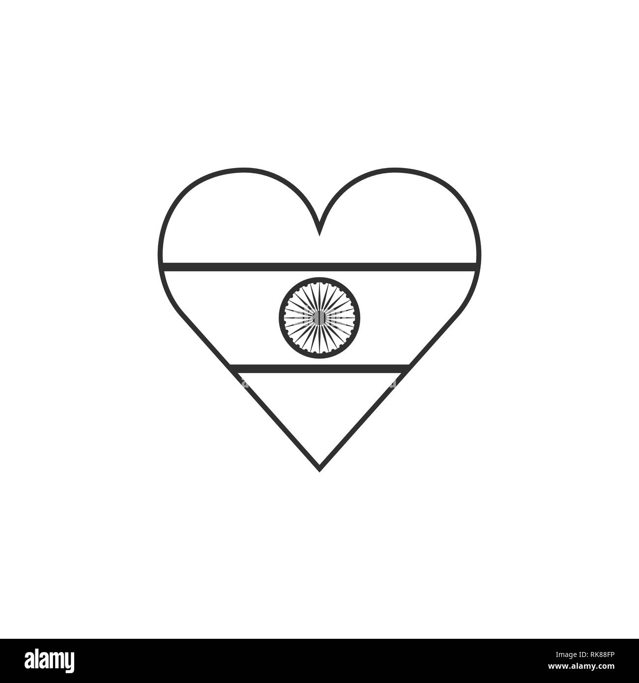 India flag icon in a heart shape in black outline flat design ...