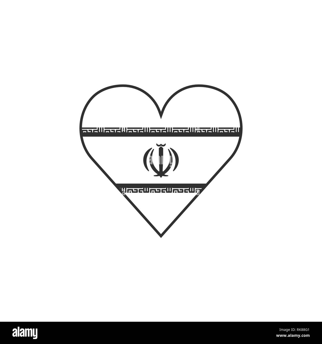 Iran flag icon in a heart shape in black outline flat design ...